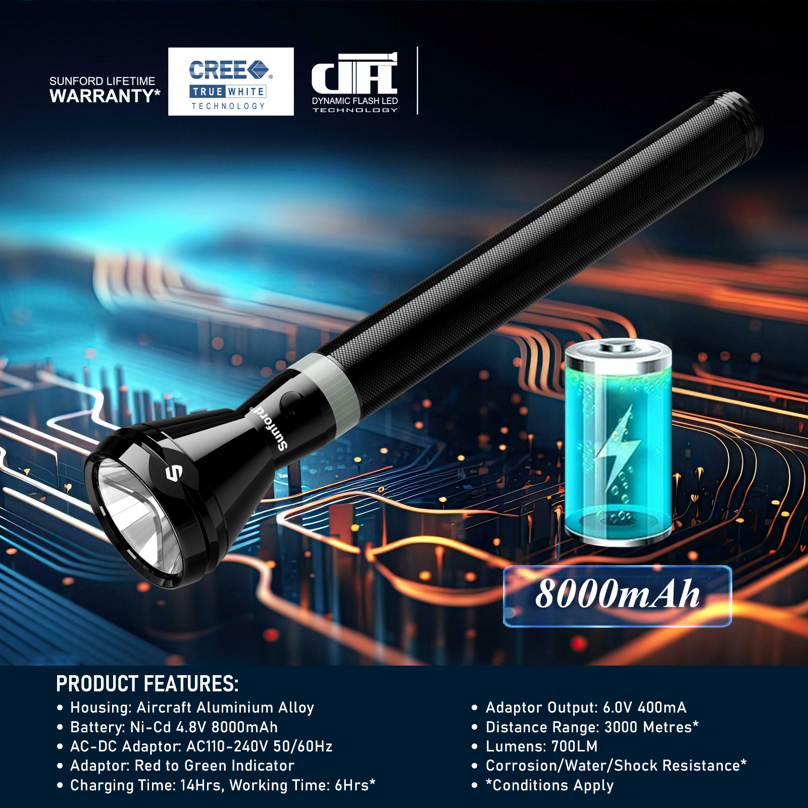 Rechargeable LED Flashlight Model SF4427SL-4D – Sunford Japan